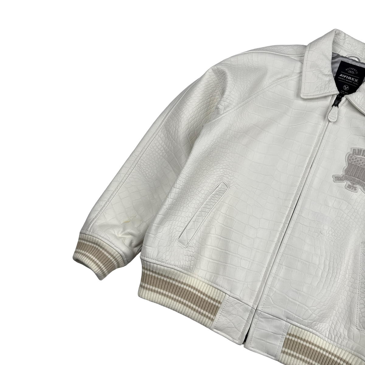Avirex White Leather Spell Out Bomber Jacket - Medium – Mat's Island