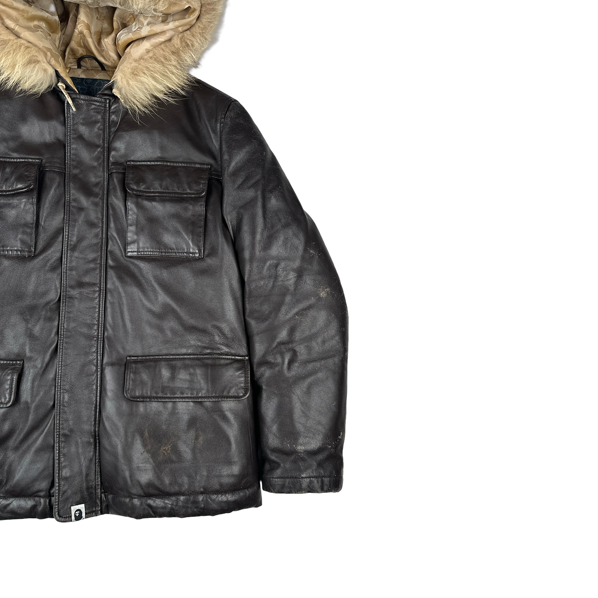 BAPE Nigo Era Brown Heavyweight Leather Fur Hooded Down Filled Jacket ...